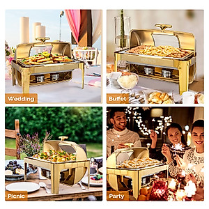 ROVSUN 9QT Roll Top Chafing Dish Buffet Set,Rectangular NSF Stainless Steel Buffet Warmer Chafers and Buffet Warmers Sets with Thick Frame for Catering Events Parties Weddings Dinners,Gold