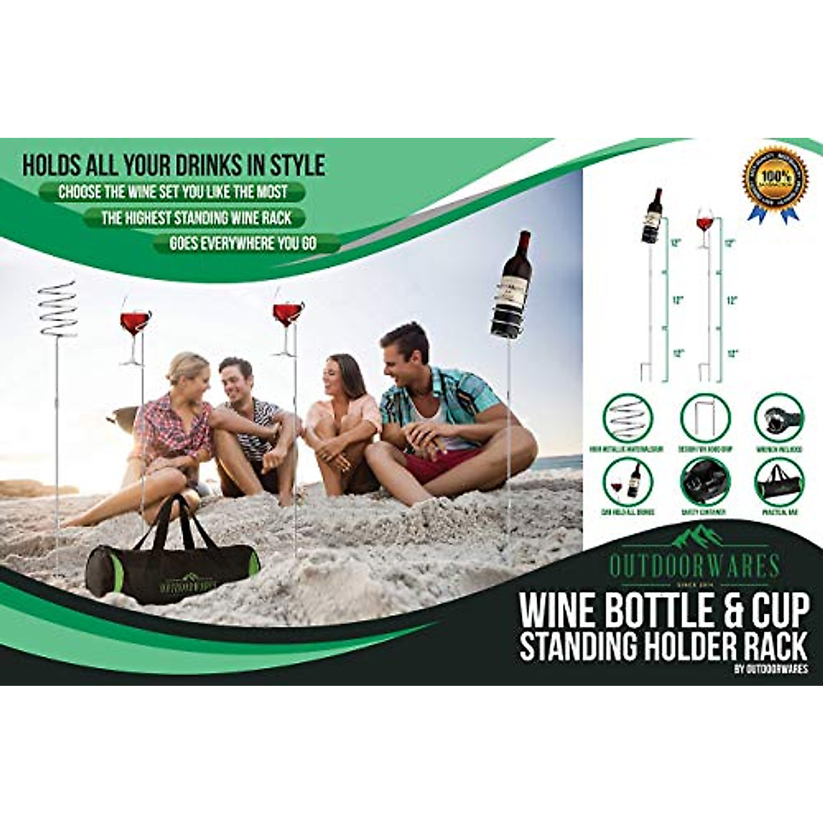 Wine Bottle & Cup stakes Holder Rack - Adjustable Height to 36 INCHES, Durable Metallic Frame, Sturdy Base & Secure Grip | Holds Bottles Of Wine, Beer,Champagne,Beverages,Glasses& More 5 Pieces Set