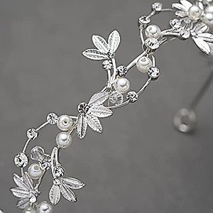 SWEETV Bridal Pearl Headband Silver-Leaf Crystal Bridal Headpiece Wedding Hair Accessories Jewelry Tiara for Women, Diameter: 14.5 cm