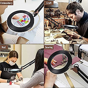 LANCOSC Magnifying Glass with Light and Stand, 5X 5 Inches Real Glass Lens, 3 Color Modes Stepless Dimmable LED Desk Lamp, Adjustable Arm Lighted Magnifier Light for Reading Repair Crafts - Black Gold