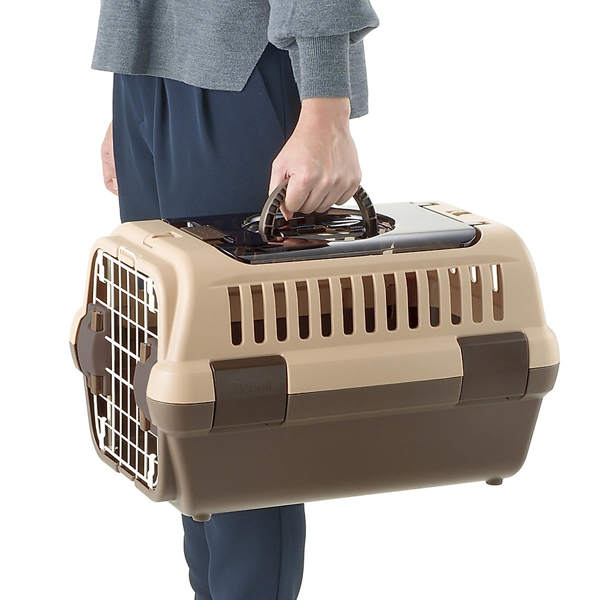 Richell: Double Door Carrier: Small Brown - Pet Transporter, Small Cats & Dogs Up to 11lbs, Attach to Car Seat Belts, Clear Top Door, Front Entry Gate