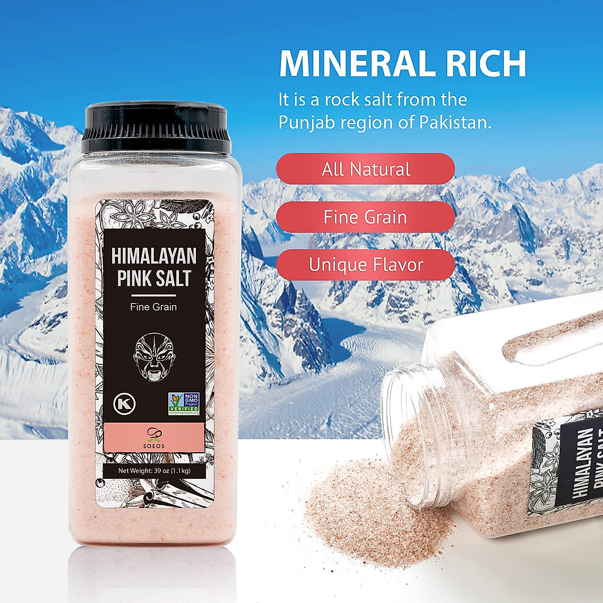 Soeos Pink Himalayan Sea Salt, Fine Grain, 38.8oz (2.4 LB), Kosher Salt, Non-GMO