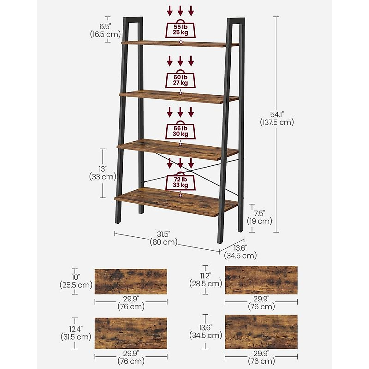 VASAGLE Ladder Shelf, 4-Tier Bookshelf, Storage Rack, Bookcase with Steel Frame, for Living Room, Home Office, Kitchen, Bedroom, Industrial Style, Rustic Brown and Black ULLS144B01