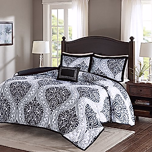 Comfort Spaces Cozy Comforter Set-Modern Casual Boho Bedding Set, Matching Sham, Decorative Pillow, Full/Queen(90"x90"), Coco Damask Black/White 4 Piece