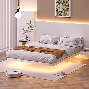 Meitewei White Floating Bed Frame Queen with LED Lights, 10.8" Metal Platform Bed Frame with Heavy Duty Steel Slats, No Box Spring Needed, Noise-Free, Easy to Assemble, Capacity 1800lbs