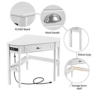 Yaheetech L Shaped Corner Computer Desk with Power Outlets, Reversible Triangle Workstation with USB Ports and Hook for Small Space, Modern Home Office Desk Gaming Table with Drawer & Shelf, White