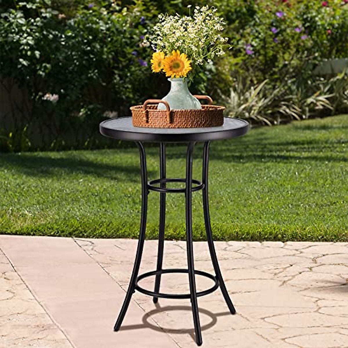 Kingdely Outdoor Bar Height Bistro Table, Round Tempered Glass Patio Table, Steel Frame Patio Furniture for Backyard, Lawn, Balcony, Pool, Black