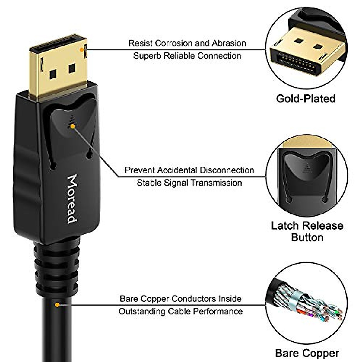Moread DisplayPort to DisplayPort Cable, 6 Feet, Gold-Plated Display Port Cable (4K@60Hz, 2K@144Hz) DP Cable Compatible with Computer, Desktop, Laptop, PC, Monitor, Projector - Black
