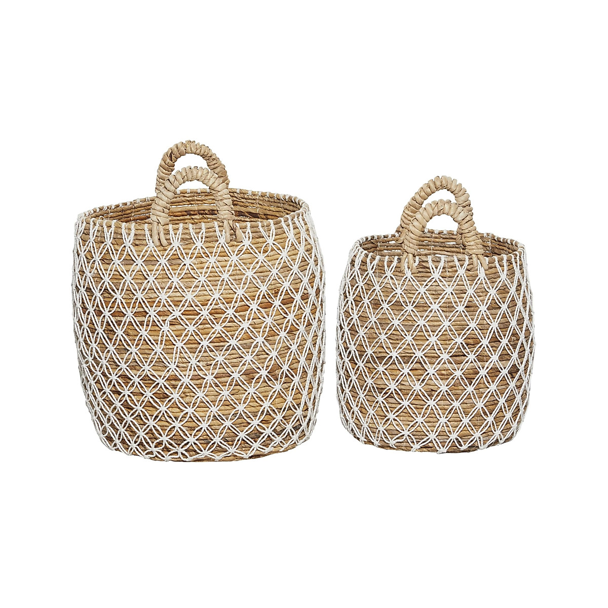 Deco 79 Banana Leaf Handmade Decorative and Functional Storage Basket String Detail Basket Organizer with Handles, Set of 2 Basket for Storage 19", 17"H, Brown