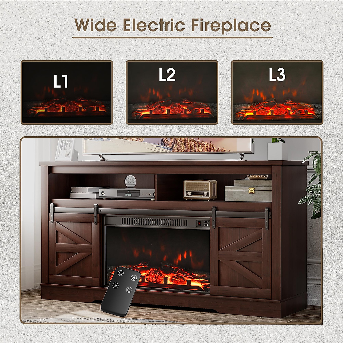 JUMMICO Fireplace TV Stand for 65+ Inch TV with 26'' Fireplace Entertainment Center with Storage Cabinet and Adjustable Shelves, Media Console with Sliding Barn Door for Living Room (Brown)