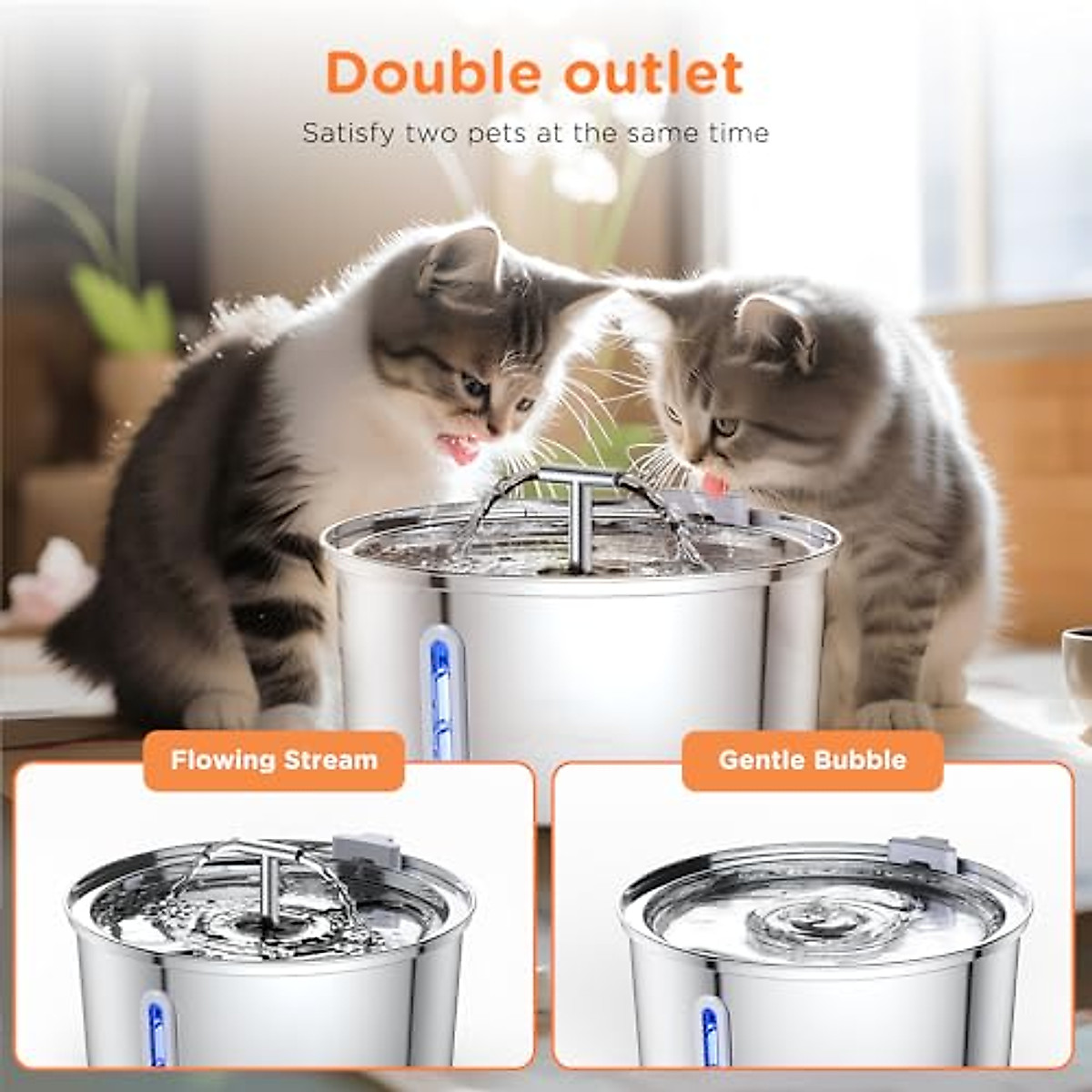 ValueTalks108oz/3.2L Stainless Steel Cat Water Fountain, Automatic Pet Water Fountain Dog Water Dispenser with Water Level Window, Double Outlet for Cats and Dogs Inside, Ultra-Quiet & Easy Cleaning