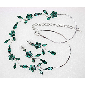 Faship Gorgeous Green Rhinestone Crystal Floral Necklace Earrings Set - Green