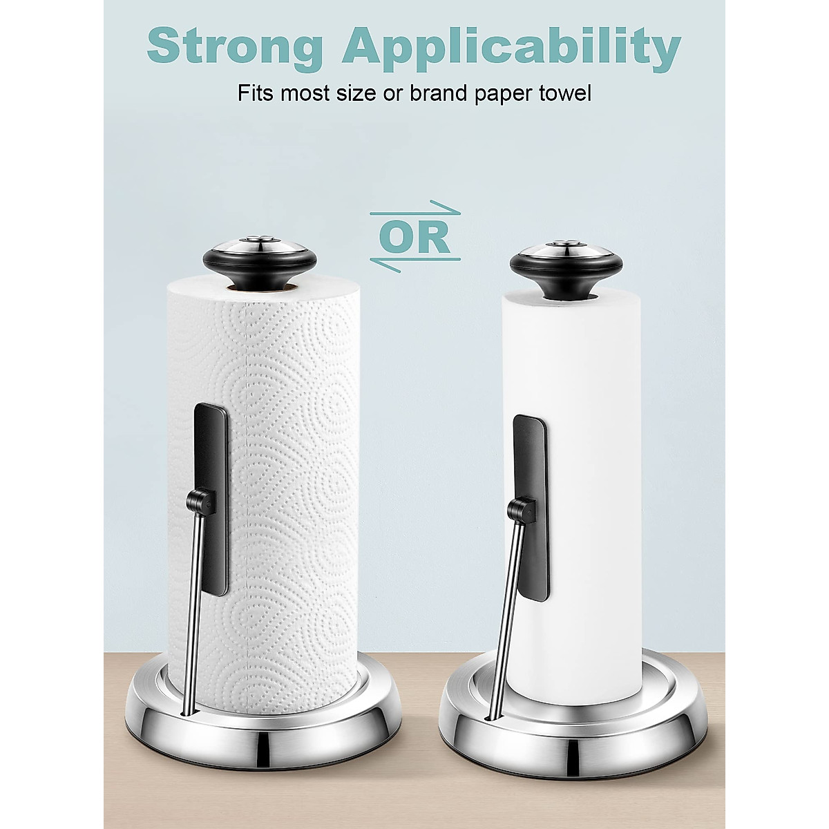 SMARTAKE Standing Paper Towel Holder, Rustproof Paper Towel Organizer with Tension Arm, Modern Toilet Paper Holder with Weighted Base, Roll Dispenser for Kitchen Countertop Home Dining Table, Silver