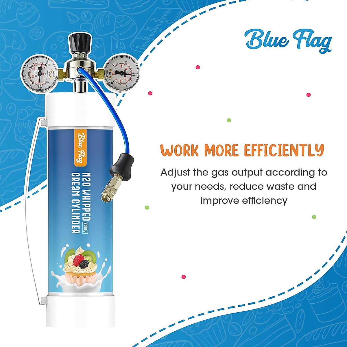 Blue Flag 2000G N2O Whipped Cream Cylinder Charger High Capacity Pure N2O Nitrous Tank Compatible with Cream Whippers