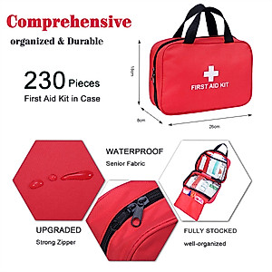 First Aid Kit - 230 Piece - for Car, Home, Travel, Camping, Office or Sports | Red Bag/Reflective Cross, Fully Stocked with Essential Supplies for Emergency and Survival