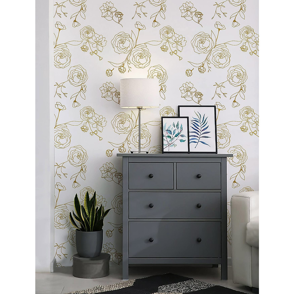 Safiyya 118"x17.3" Peel and Stick Wallpaper Gold and White Contact Paper Floral Wallpaper Self Adhesive Removable Wallpaper for Bedroom Covering Vinyl Rolls