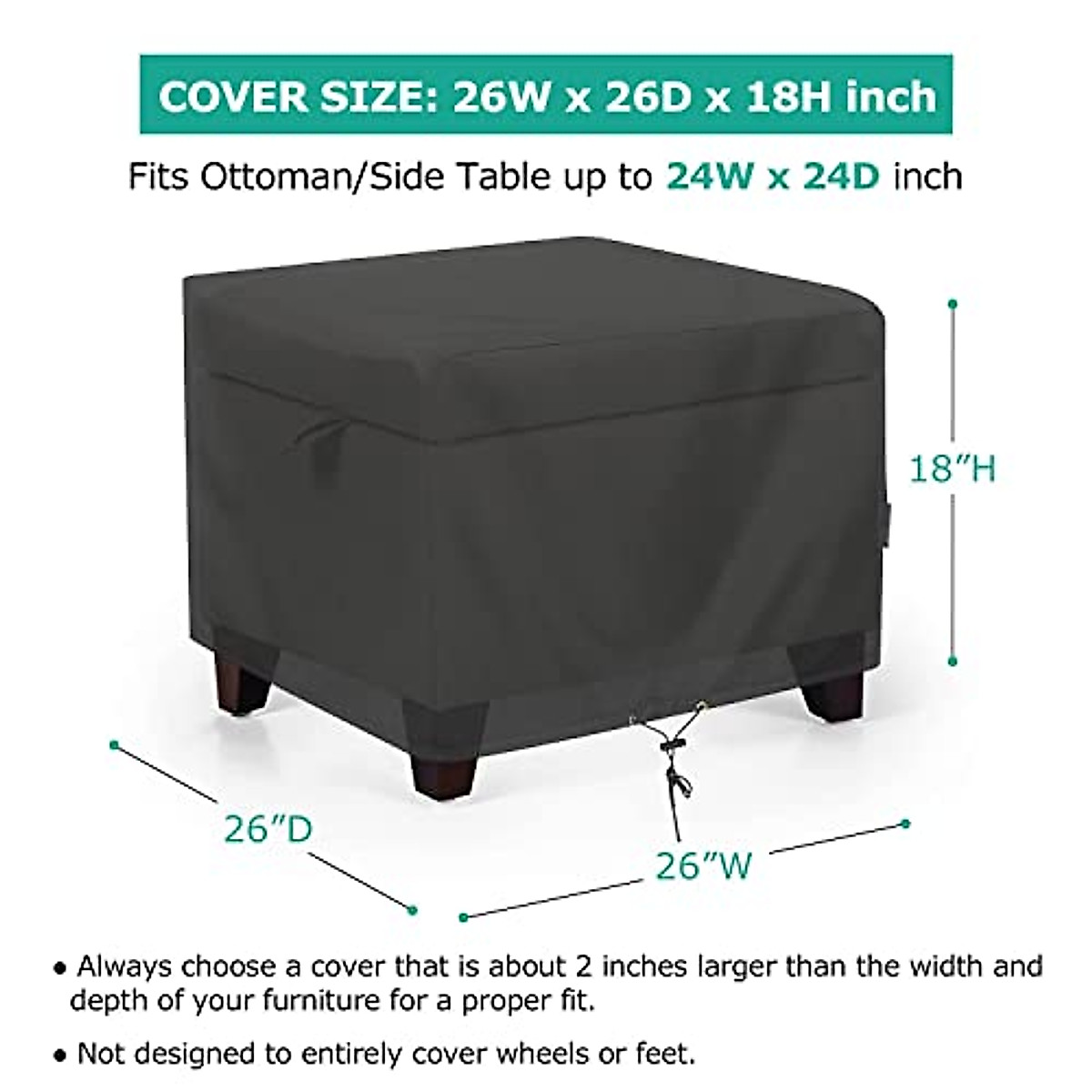 SunPatio Outdoor Ottoman Cover, Waterproof Square Coffee Table Cover, Patio Furniture Side Table Cover, All Weather Protection, 26W x 26D x 18H, Black