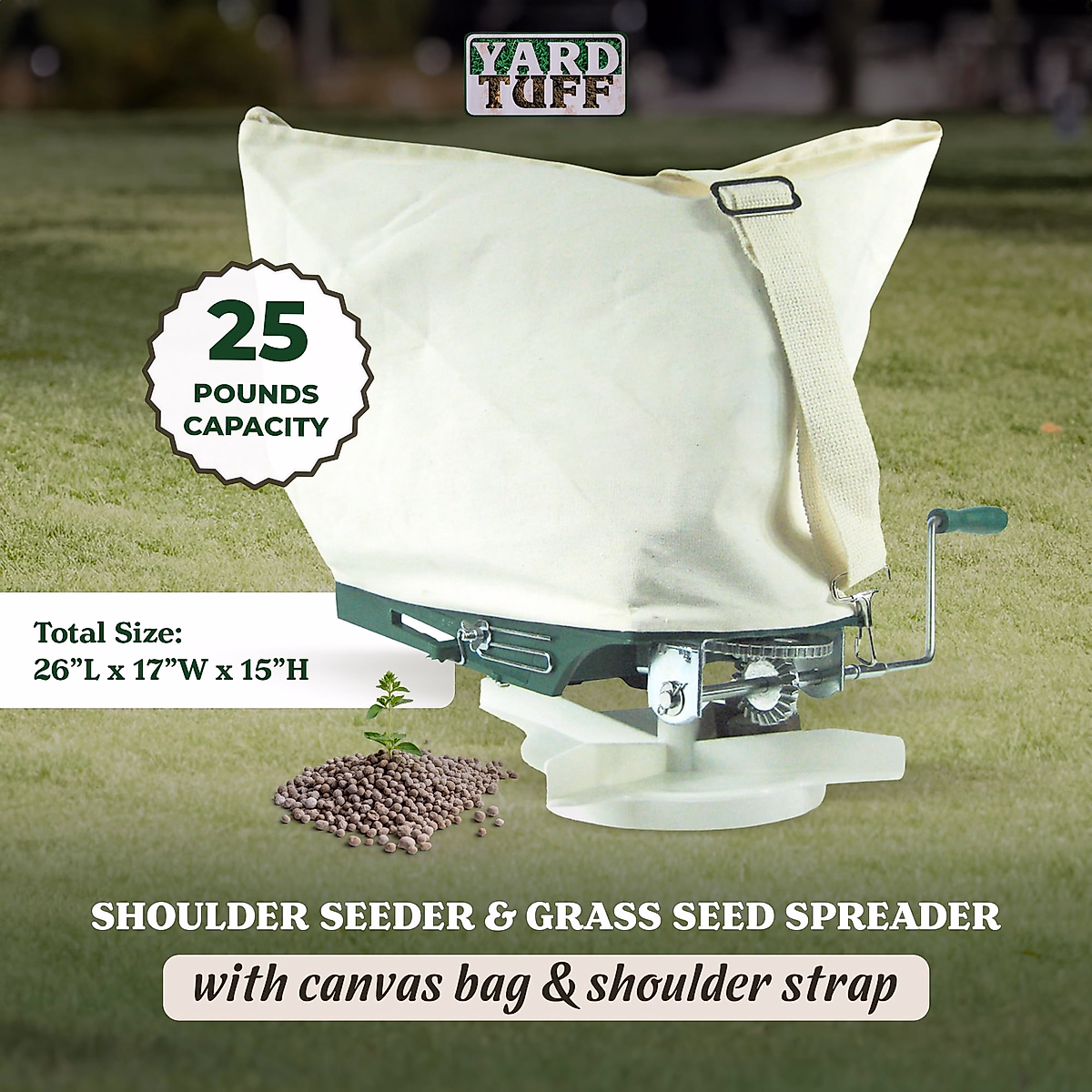 Yard Tuff Outdoor Lawn Garden 25 Pounds Shoulder Seeder and Grass Seed Spreader with Canvas Bag and Shoulder Strap, Green/White