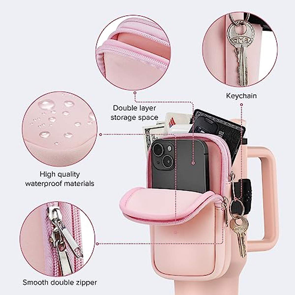 Water Bottle Pouch For Stanley Cup 40oz 30oz, Running Water Bottle Bag for Cards, Keys, Phone, Gym Accessories For Men Women, Travel Tumbler Mug Pouch Compatible With Stanley, Simple Modern(Pink)