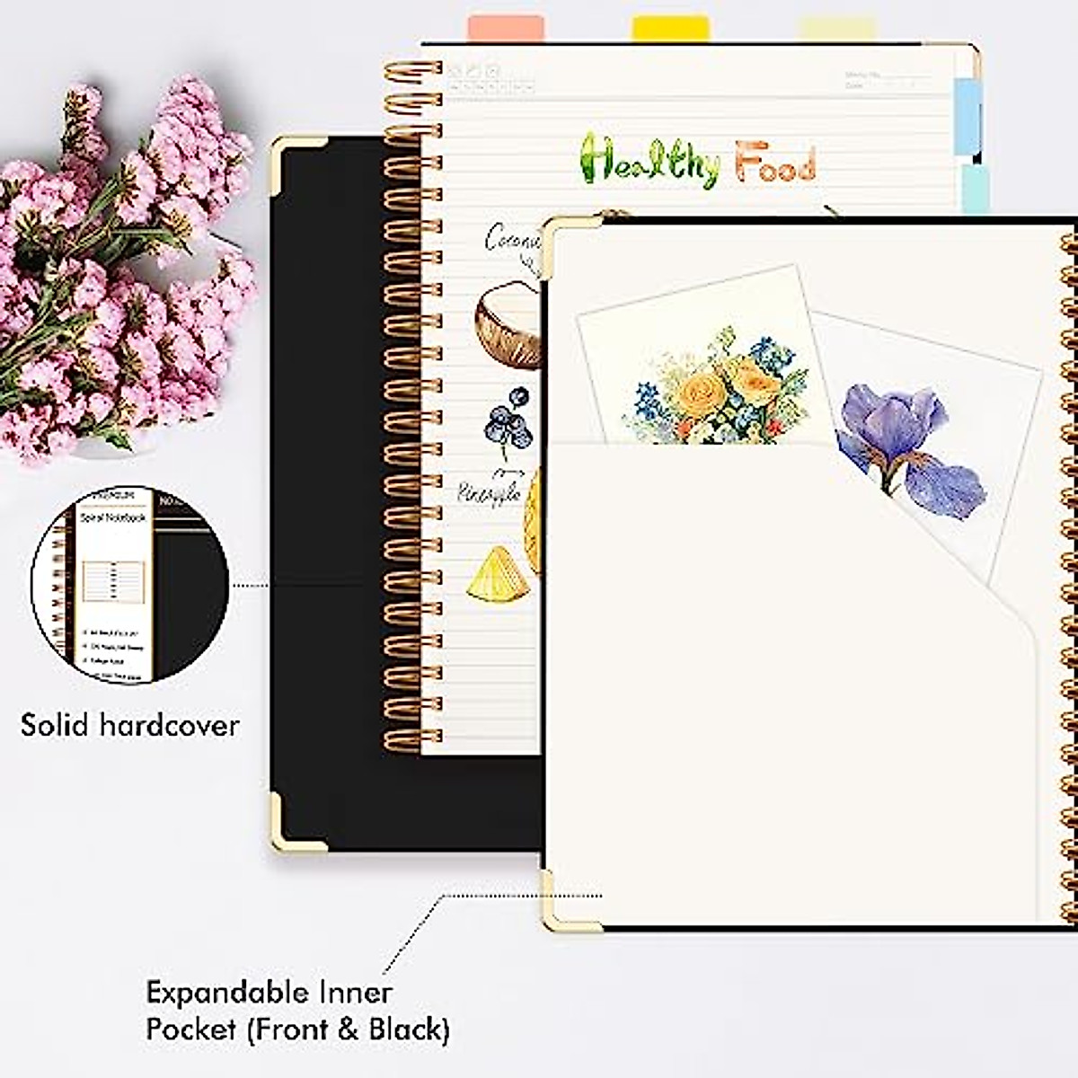 Huhuhero Spiral Notebook, College Ruled Notebook, 8.5" x 11", 320 Pages Black Leather Lined Journal for Women Men, A4 Large Notebooks for Work Writing Office, 24pcs Index Tabs, School Supplies