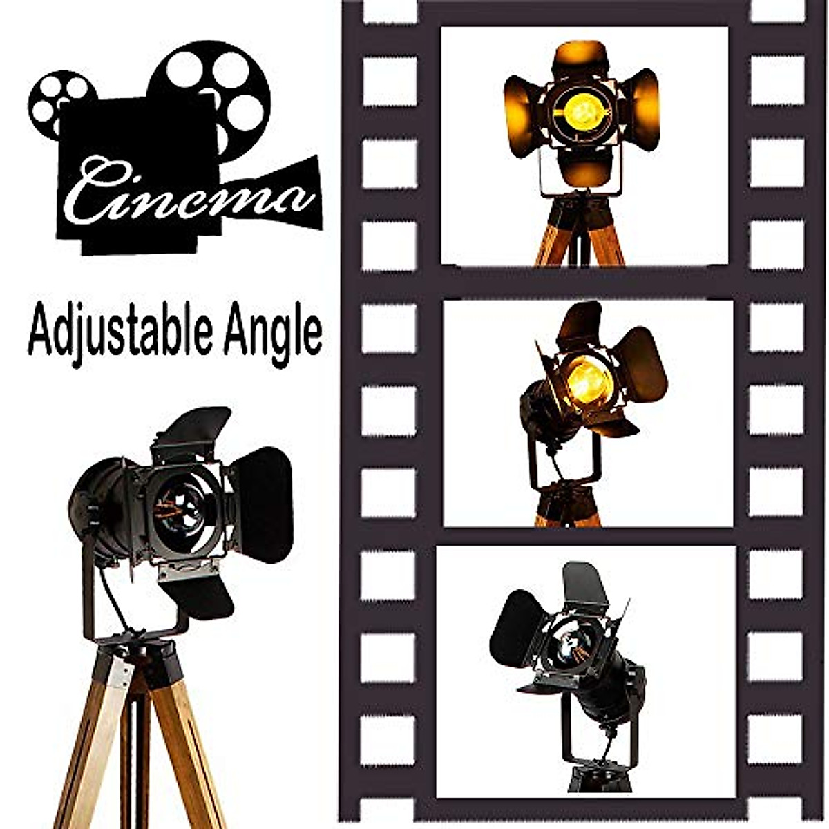 JUNOLUX Farmhouse Vintage Adjustable Cinema Tripod Wood Table Lamp - Nautical Industrial Black Retro Style Spotlights Searchlights Wooden Standing Lamp Cinema Movie Props-for Living Room Bedroom