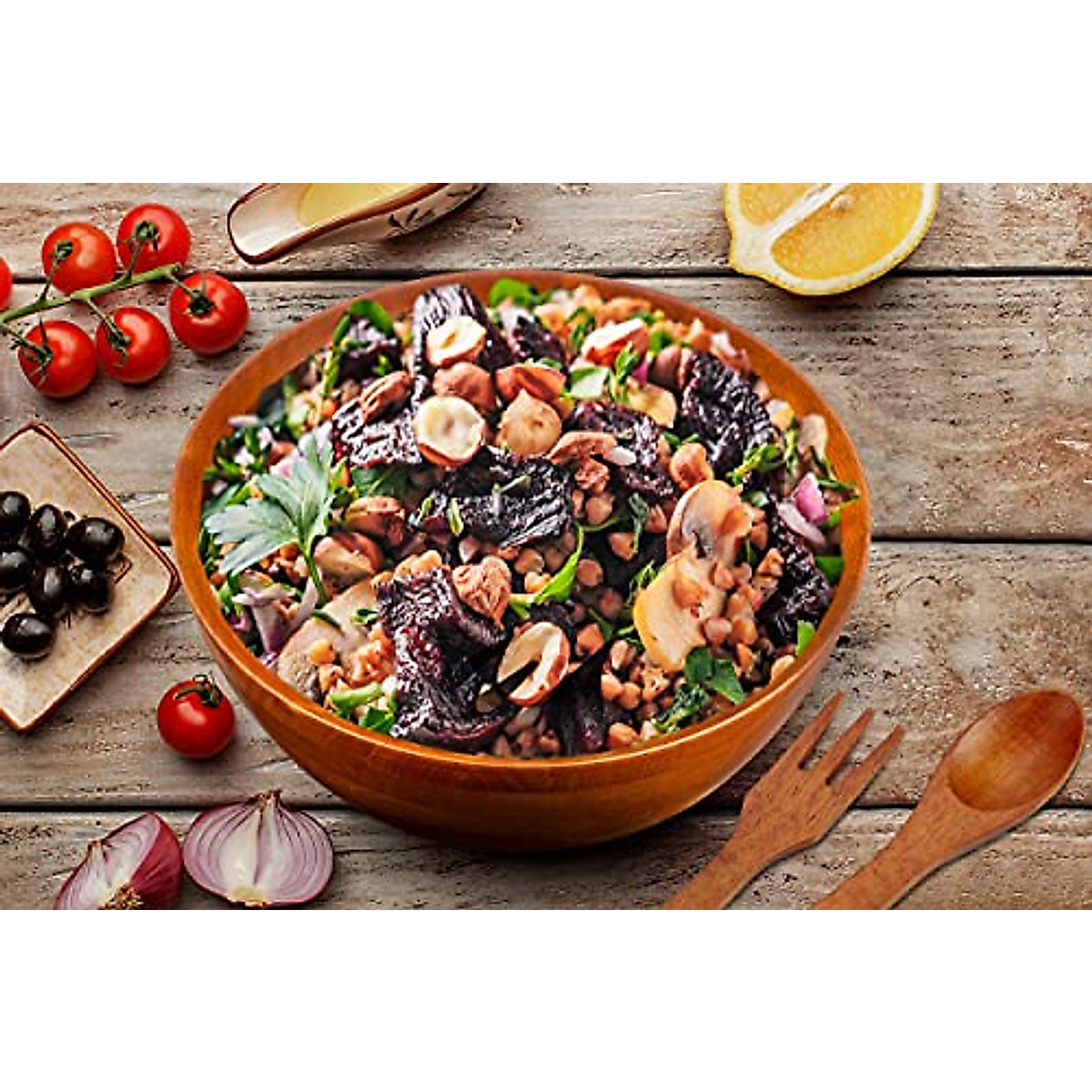 Wooden Salad Bowl Serving Set - Handcrafted Hardwood Bowl and Salad Fork / Spoon Serving Utensils - 11.5" Diameter x 6" Multipurpose for Prepping and Serving Salads, Use with Hot or Cold Food – 144 oz