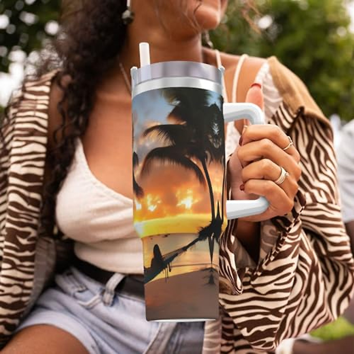 HULIBIN Coconut Beach Sunset Hammock Print Double Deck Stainless Steel Travel Coffee Cup With Lid 40 Oz Ice Bully Cup