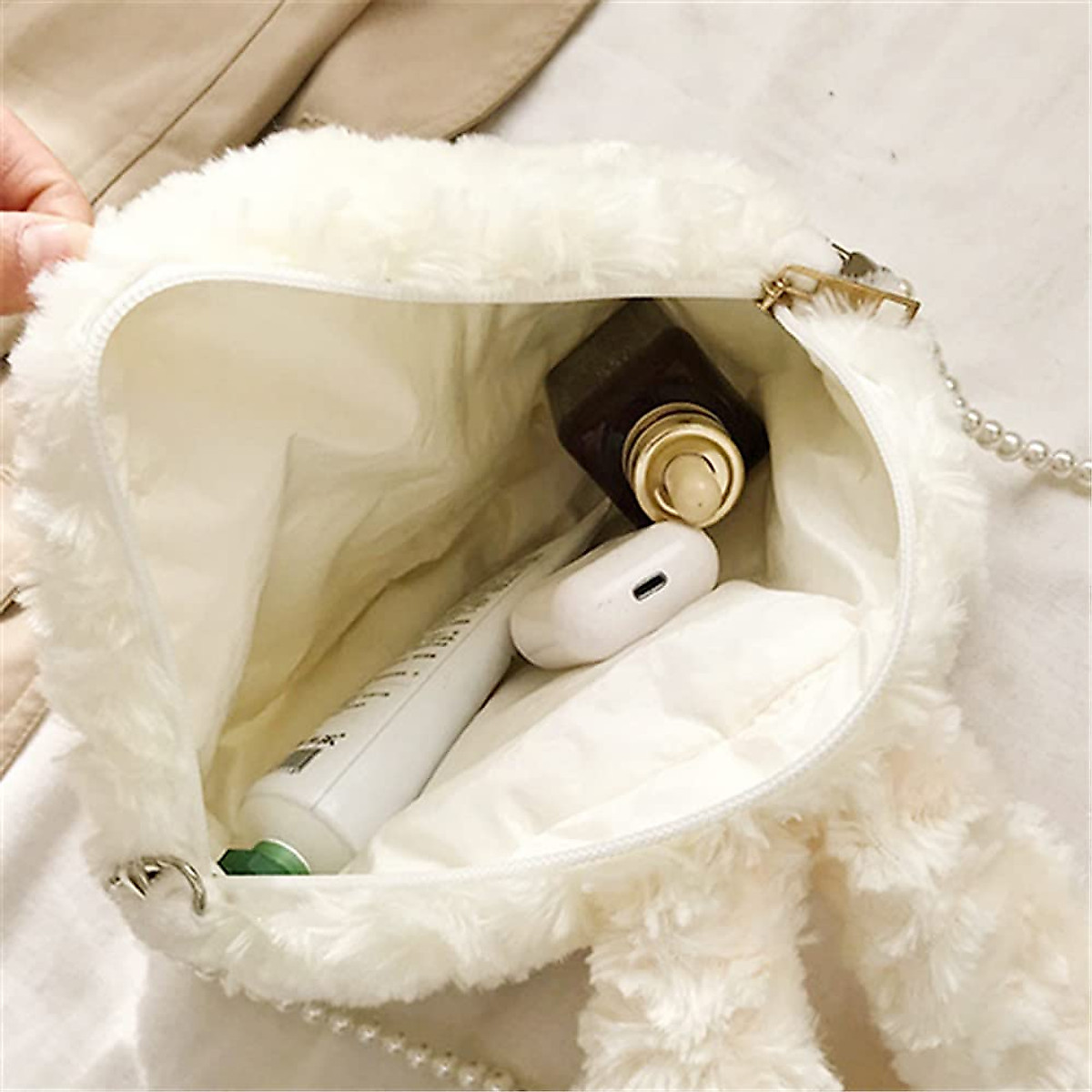 JIANEEXSQ Cute Bunny Crossbody Bag Kawaii Fluffy Plush Rabbit Animal Purse Lovely Lolita Girl Handbag Kids Teenagers Wallets (Pearl Chain), White