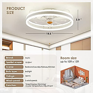 Ceiling Fans with Lights Low Profile - Flush Mount Modern Ceiling Fans with Lights Remote - 20” Asyko Bladeless Enclosed Ceiling Fans, Small Smart Ceiling Fans for Bedroom, Living Room and Kitchen…