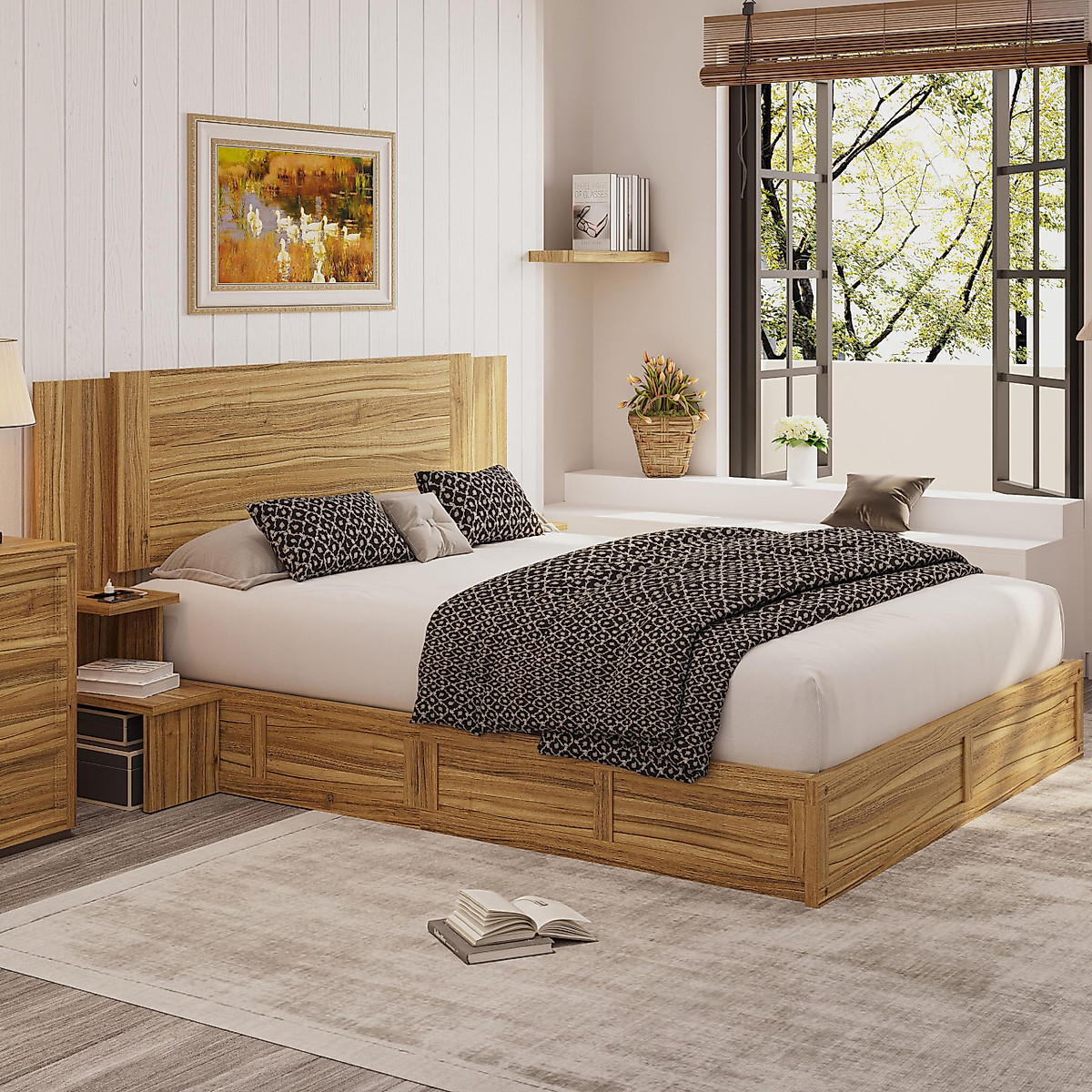 Queen Bed Frame with Rechargeable Nightstand, Wooden Platform Bed with Headboard, Sturdy and Noiseless, No Box Springs Needed, Easy to Assemble, Rustic Wood