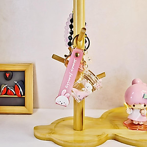 Rertnocnf Cute Kawaii Floating Cartoon Animals White Rabbit Milk Tea Cup Design Backpack Car Key Pendant Kids Girls Women Handbag Wallet Clear Acrylic Glitter Liquid Keychain