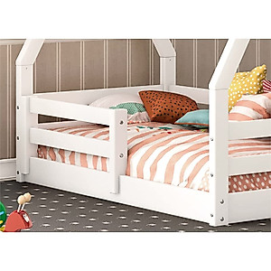 Eden Home Modern Solid Wood Toddler Floor Bed Frame with House Roof Canopy Rails in White