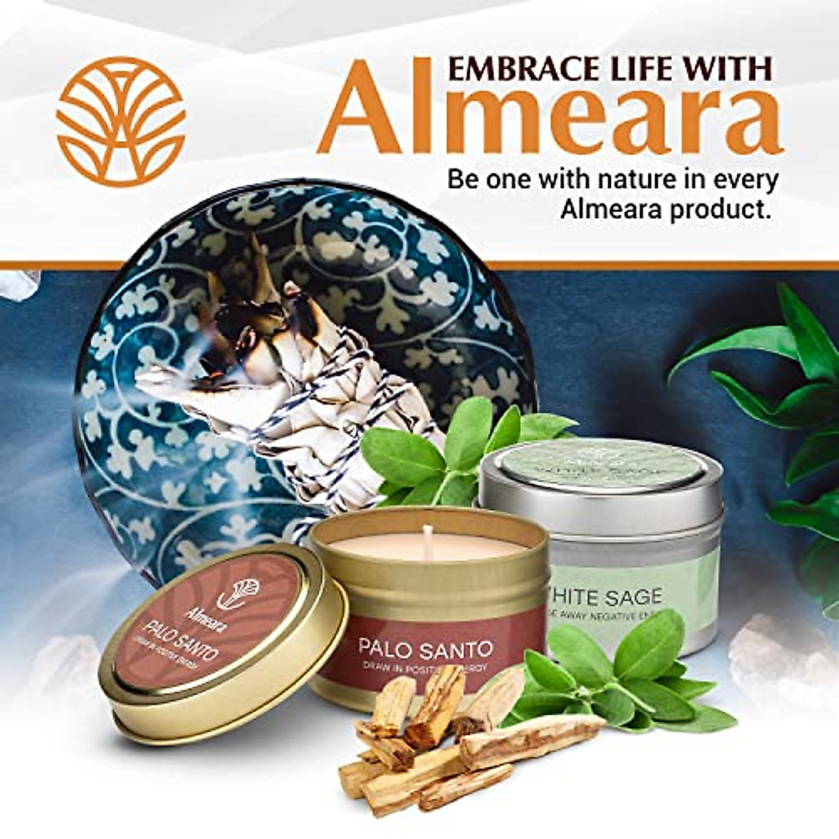Almeara Space Cleansing Kit Sage Candle and Palo Santo Candle Set 3.7oz Each - 100% Soy Wax Candles with Concentrated Essential Oil - Cleanse Negative Energy - Restore Positive Vibrations