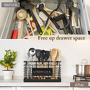 THYGIFTREE Utensil Holder for Kitchen Counter Large Black Metal Cooking Utensil Organizer 3 Compartments for Countertop Kitchen Tool Spatula Holder Wood Base