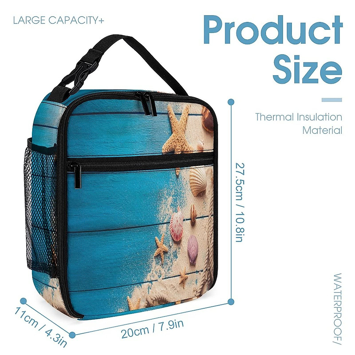 MINBHEBYUD Blue Wooden Board Starfish Shells Lunch Bag for Men Women, Insulated Lunch Bags for Office Work, Reusable Portable Lunch Box