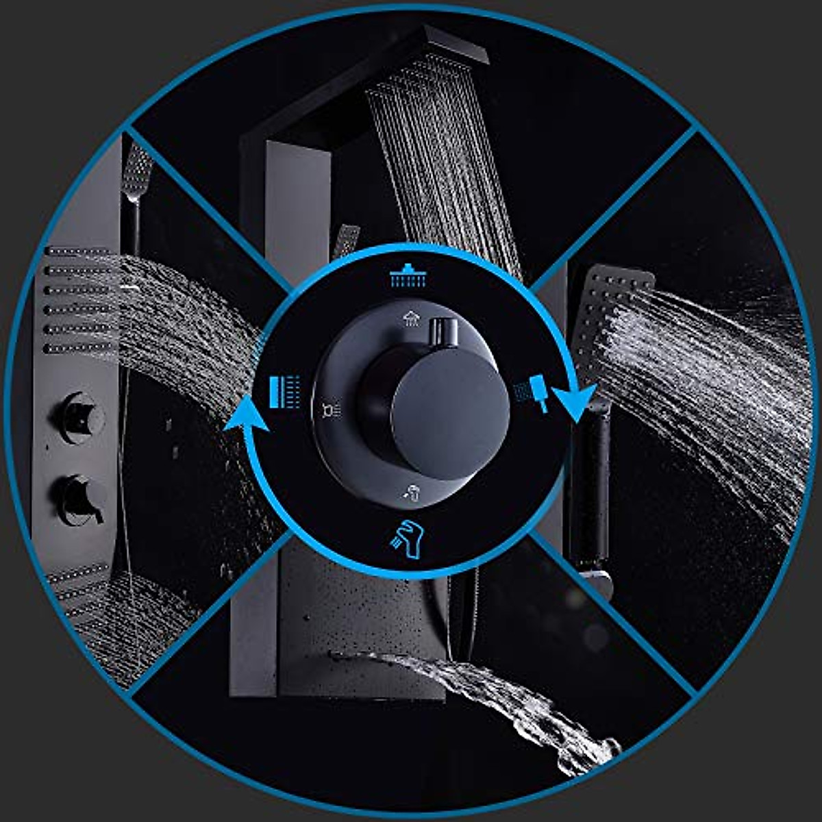 ELLO&ALLO Stainless Steel Shower Panel Tower System, Rainfall Head Rain Massage System with LED Body Jets, Black