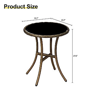 Patio PE Rattan Side Table, Outdoor Round Wicker Covered Edge with Tempered Glass Top, Rattan Iron Frame Table Coffee Dining Table for Lawn, Garden, Pool(Brown)