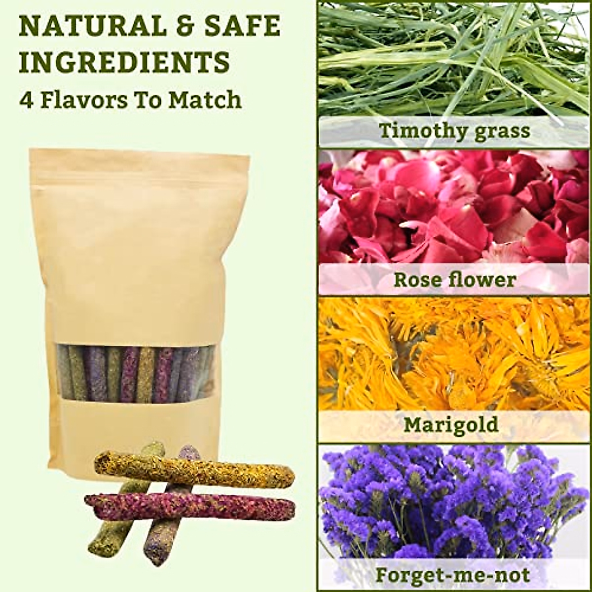 Fhiny 68 PCS Rabbit Chew Sticks, Natural Petals Timothy Hay Sticks Guinea Pig Chewing Toys for Teeth Small Animals Molar Snacks for Bunny Guinea Pig Chinchilla Hamster