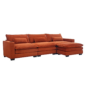 KIVENJAJA Corduroy Cloud Sectional Couch, Modern Comfy Modular L-Shaped Sectional Sofa with Ottoman, Cup Holders & USB Port for Living Room Apartment, 117.7”W, Orange