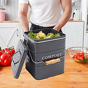 Compost Bin Kitchen Countertop Indoor Compost Pail Bucket, Great for Food Scraps, Carbon Steel, Handles, Gray, 1 Gallon - Includes Charcoal Filter