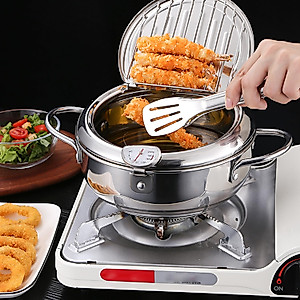Deep Fryer Pot 304 Stainless Steel Japanese Frying Pot 2.2L, Janpanese Style Tempura Frying Pot with Lid, with Temperature Control Oil Drip Drainer Rack, or Fried Chicken, Shrimp, French, Chips dip