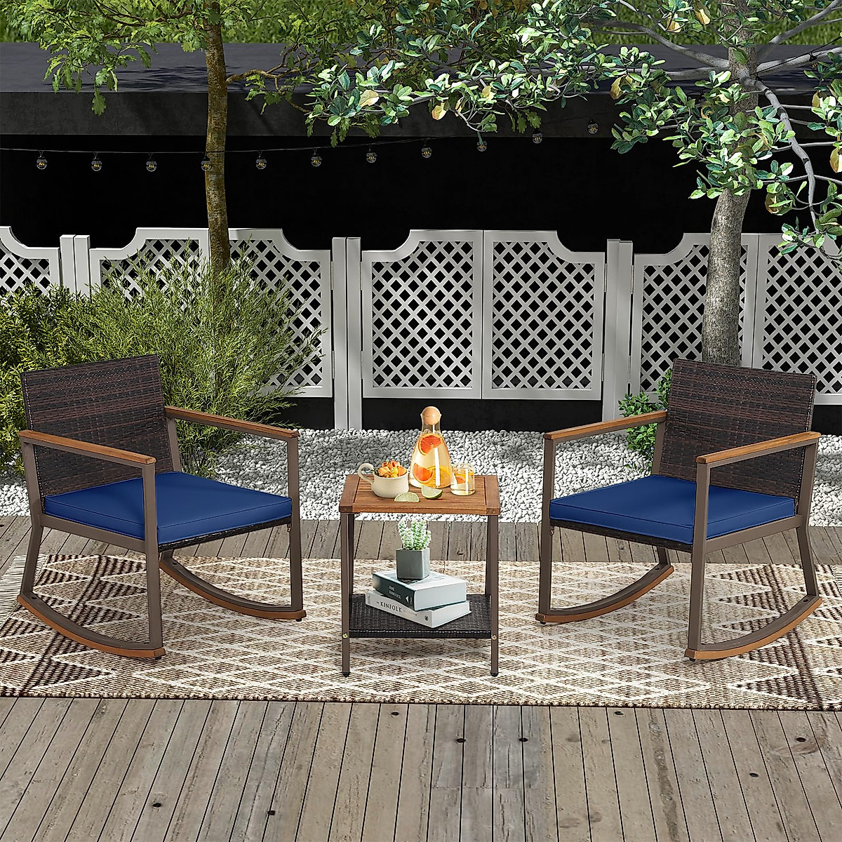HAPPYGRILL 3 Pieces Rocking Bistro Set, Outdoor PE Wicker Rocking Chair with Coffee Table, Soft Seat Cushions Included, Gentle & Smooth Rocking Furniture Set for Yard Porch