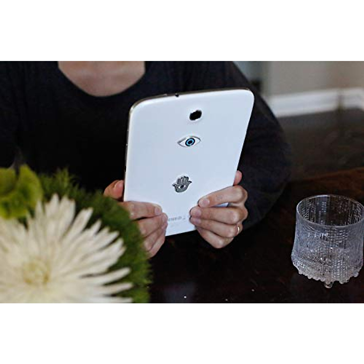 Metal Charm Stickers for Cell Phone Cases. Evil Eye and Hamsa Set of 2 Reusable & Removable Leaves No Residue. Universal Spiritual Symbols of Protection and Good Luck. (Evil Eye and Hamsa Hand.)