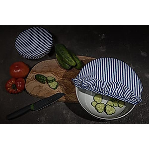 Organic Reusable Bowl Covers – Elastic Bowl Cover Set of 3 Lids Sizes - Blue Stripes 100% Cotton - Great Gift Fabric Food Covers - Kitchen Essential Gift for Women - Stretched Food Covers