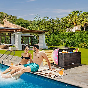 YITAHOME Outdoor Wicker Patio Poolside Float Storage, PE Rattan Rolling Pool Float Caddy for cushions, Floaties, Noodles, Life Vests, Beach Balls, Toys, Patio Furniture (Brown)