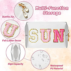 Preppy Patch Sun Toiletry Bag Sunscream PU Leather Makeup Bag Portable Waterproof Cosmetic Bag Small Bag Daily Use Storage Purse Travel Organizer Compliant Bag for Girls Back to School Gifts (White)