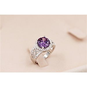 Uloveido Purple Cubic Zirconia Silver Wedding Band Bridal Jewelry Ring for Women J679-Silver-Purple-7