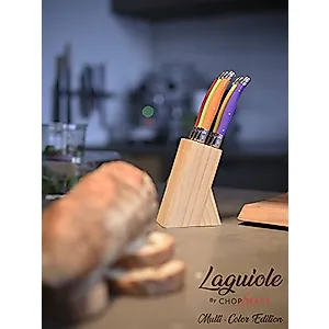 Chopmate - Laguiole Style - Stainless Steel Premium Steak Knife Set - Vibrant Multi Color Edition - 6 Piece Set + Bonus Wood Storage Display Block