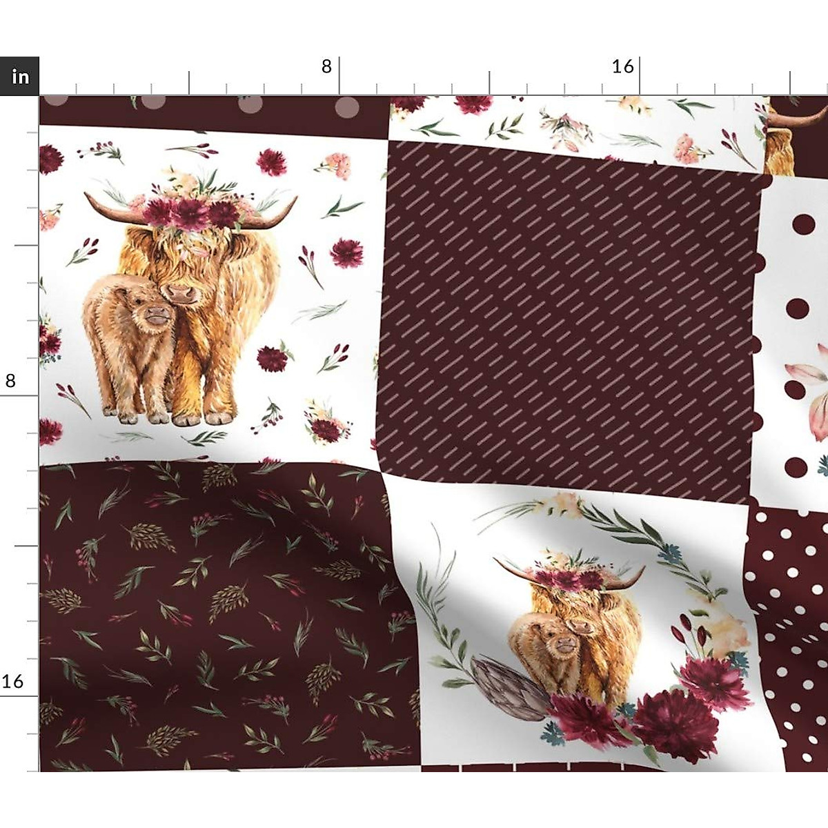 Spoonflower Fabric - Highland Cow Scottish Shaggy Floral Baby Calf Cattle Printed on Petal Signature Cotton Fabric by The Yard - Sewing Quilting Apparel Crafts Decor