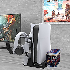 EJGAME Vertical Stand Dual Charging Station with Suction Cooling Fan Compatible with PS5 Console and PS5 Digital Edition, Built-in Headset Holder,Media Remote Stand and13 Game Rack Organizer